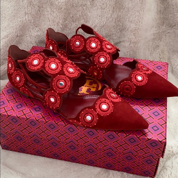 Tory Burch | Shoes | Tory Burch Yasmin Embellished Dorsay Flat In Red ...